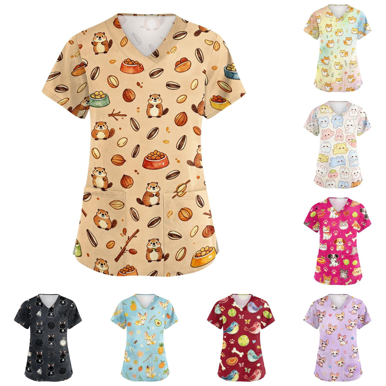 Animal Print Scrub Top for Women, V-Neck Short Sleeve Breathable Vet ...