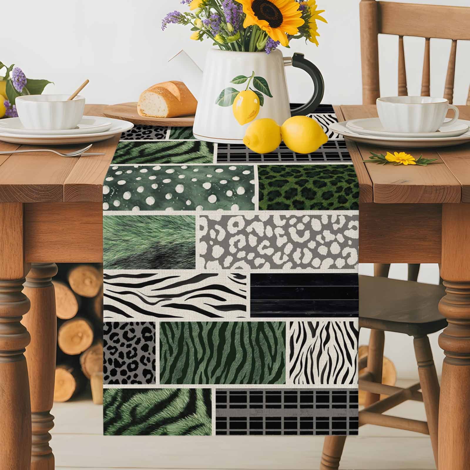 Animal Print Table Runner 13x120 Inch Art Rustic Green Leopard Zebra ...