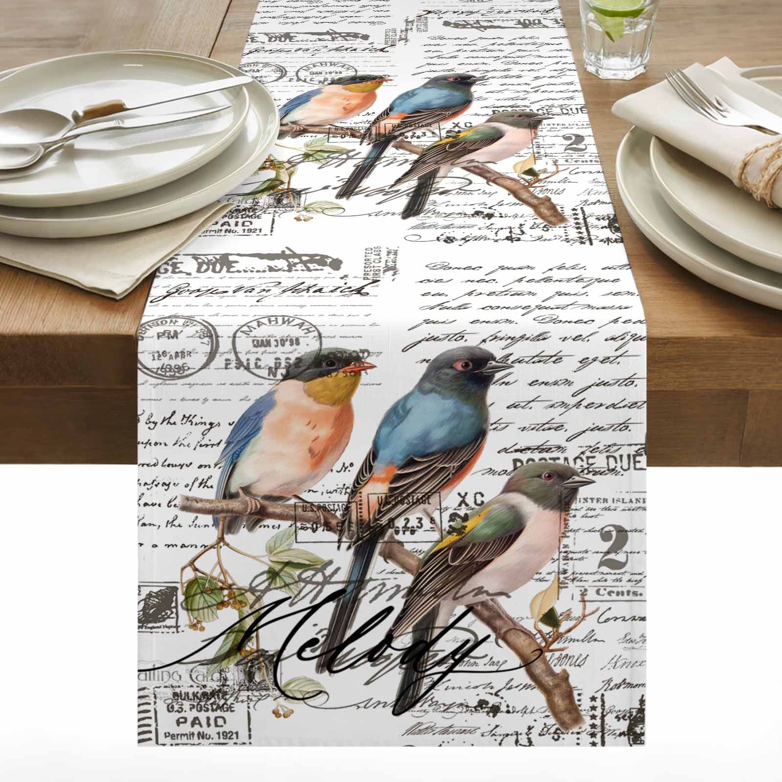 Animal Print Table Runner 13x48 inch Spring Bird on Branches Letter ...