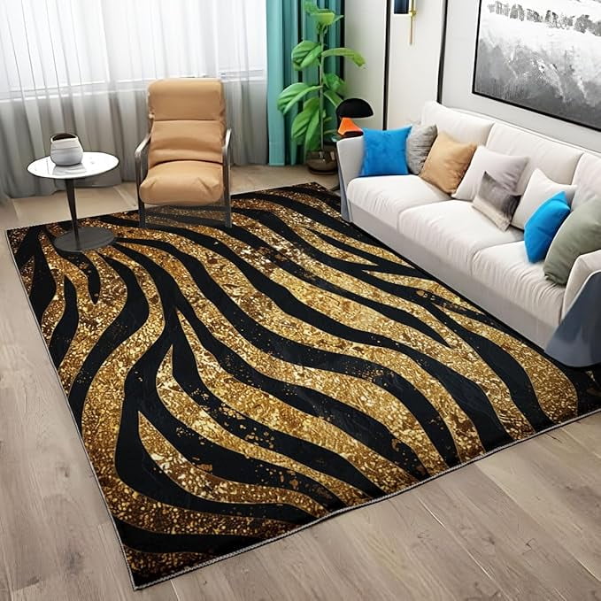 Animal Print Tiger Pattern Black Gold Rugs For Living Room Fluffy Rug ...