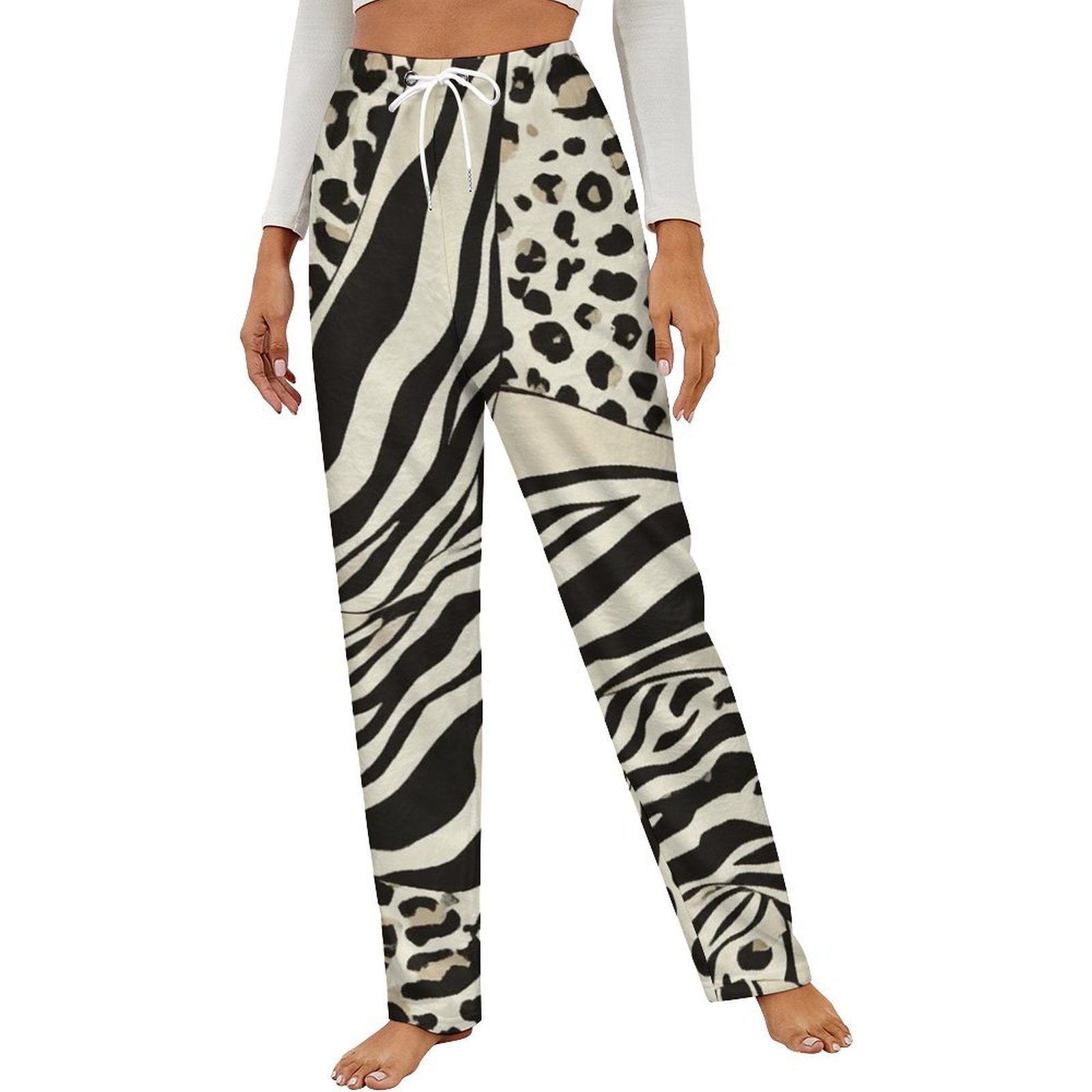 Animal Print Zebra Leopard Winter Female Pants Flannel High Waist Women ...
