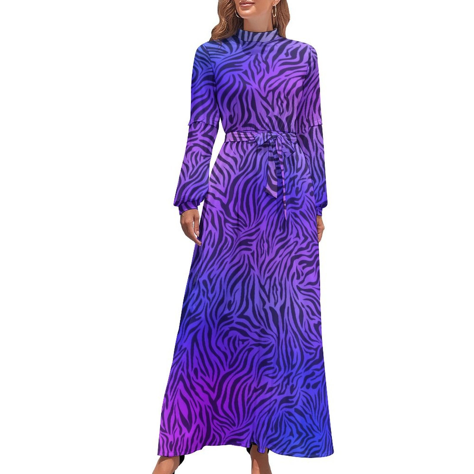 Animal Print Zebra Pink Purple Women's Long Dress Long Sleeves Dress ...