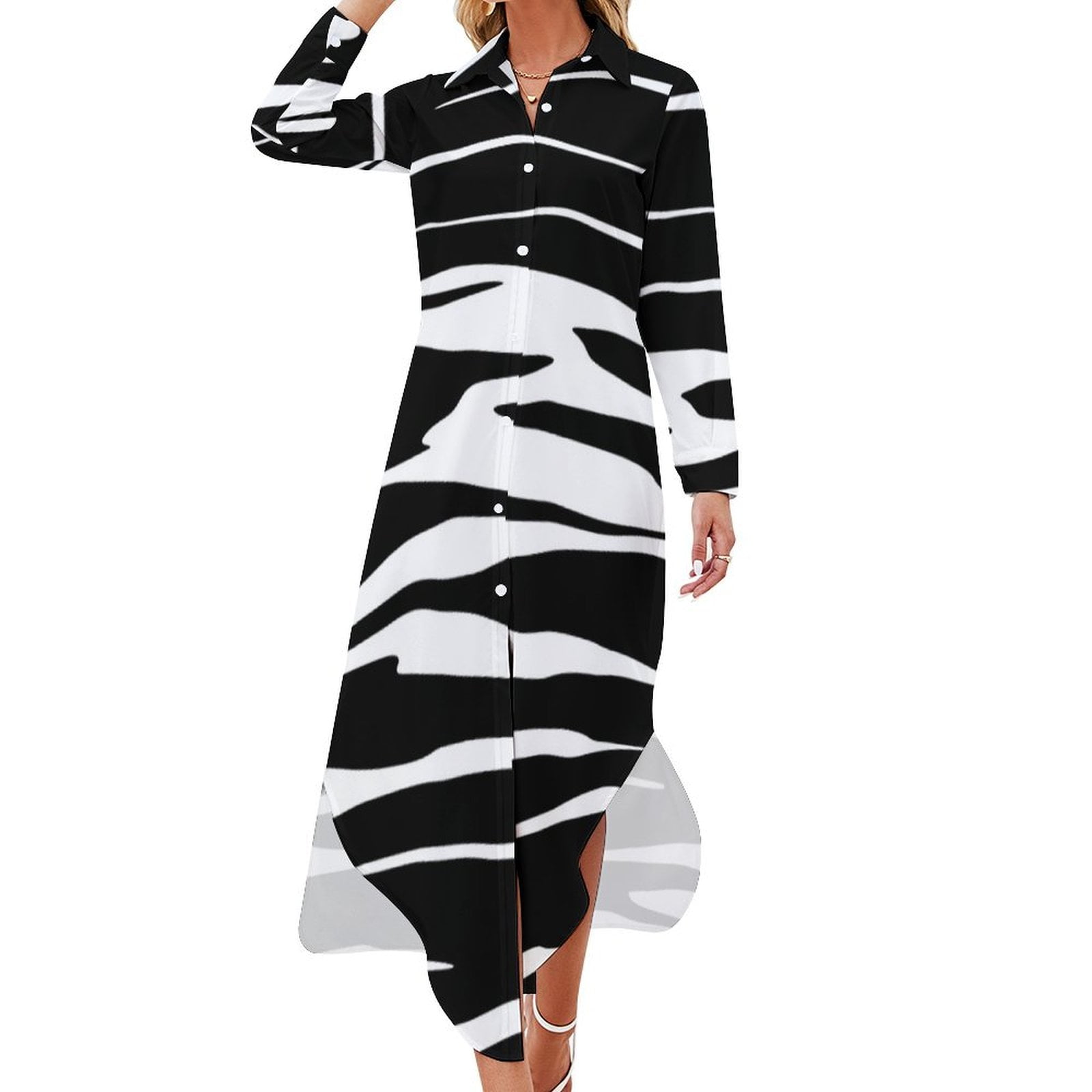Animal Print Zebra Shirt Dress Long Sleeve Street Fashion V Neck ...