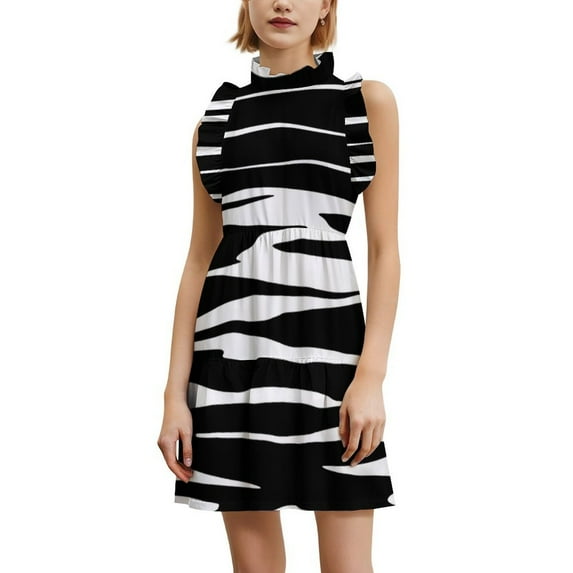 Animal Print Zebra Women's Fashion Casual Dress Summer Stand Up Collar ...
