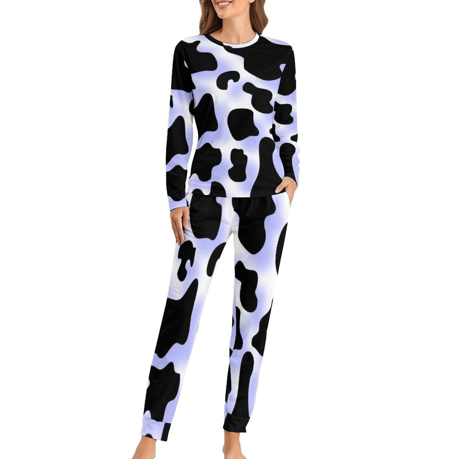 Animal Printing Cow Pajamas Woman 2 Piece Vintage Pajamas Set Long ...