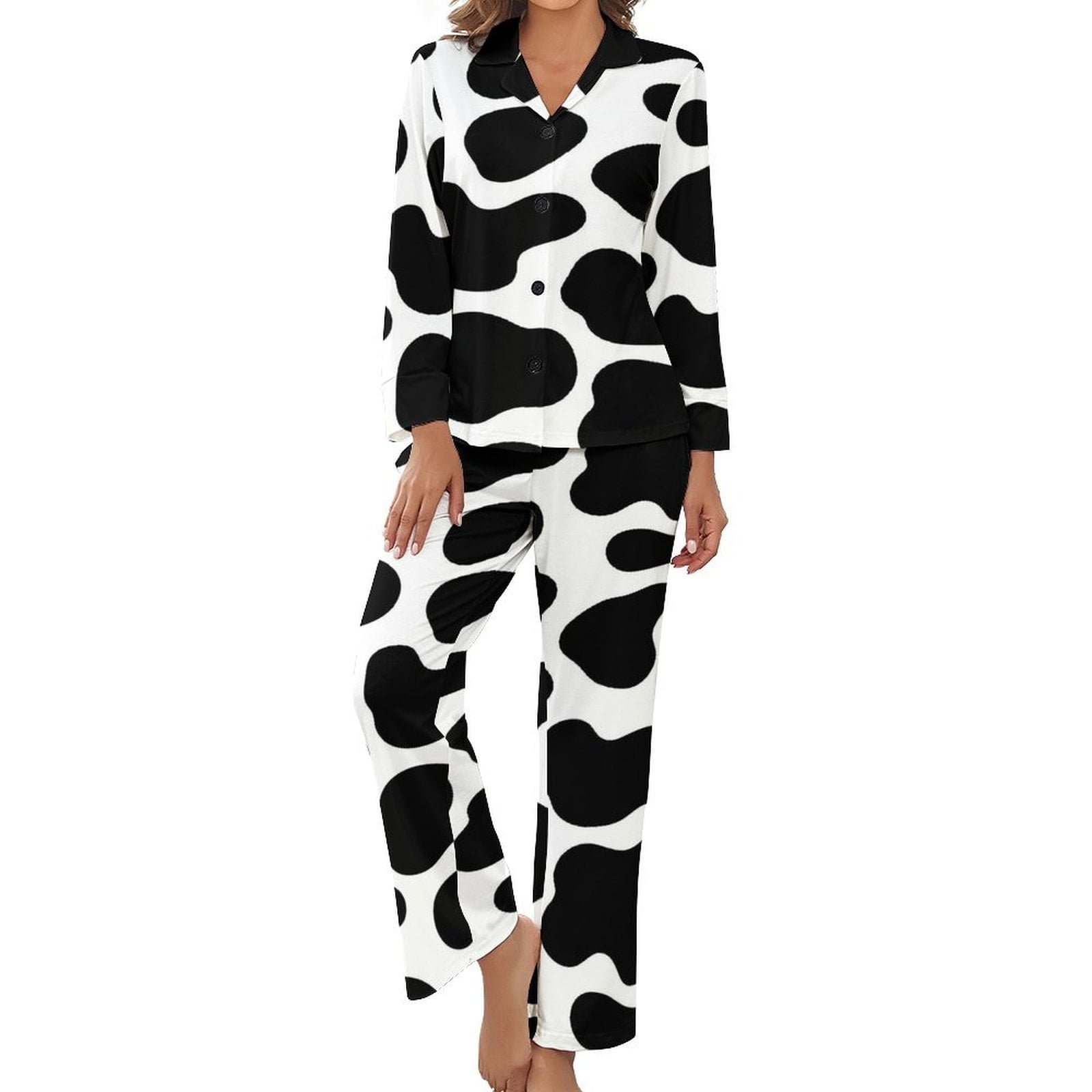 Animal Printing Cow Pajamas Woman Vintage Pajamas Set 2 Piece Long ...