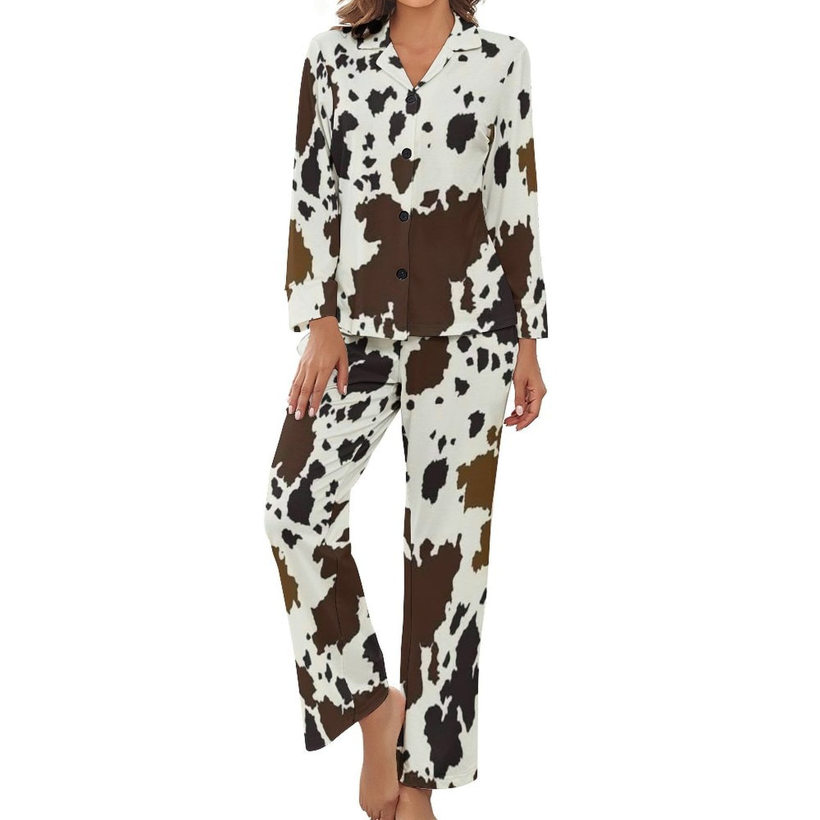 Animal Printing Cow Pajamas Woman Vintage Pajamas Set 2 Piece Long ...