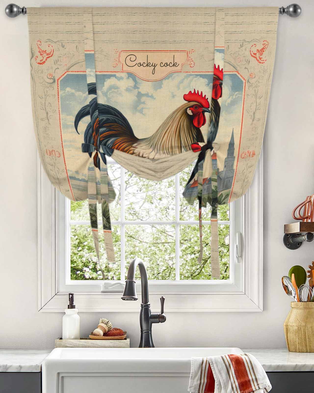 Animal Rooster Farm Window Curtains Tie Up Curtains for Kitchen Living ...