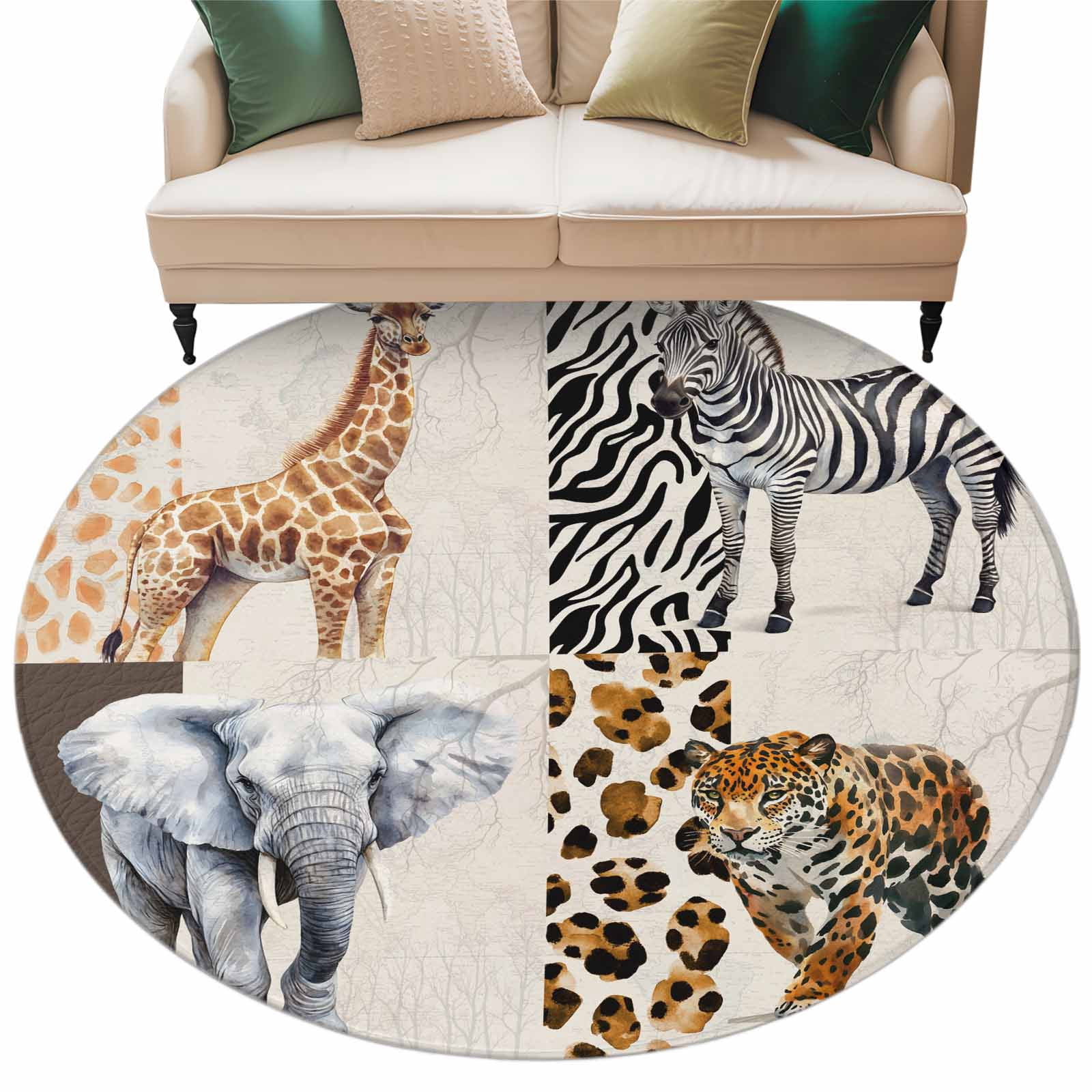 Animal Round Area Rug 6ft Elephant Tiger Giraffe Zebra Non-Slip ...