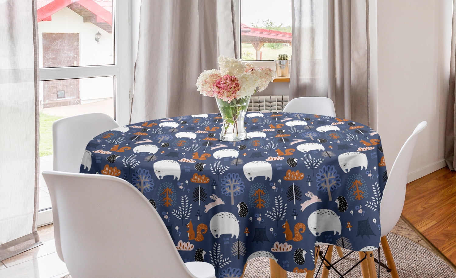 Animal Round Tablecloth, Polar Bear Squirrel Hedgehog Trees Rabbits ...