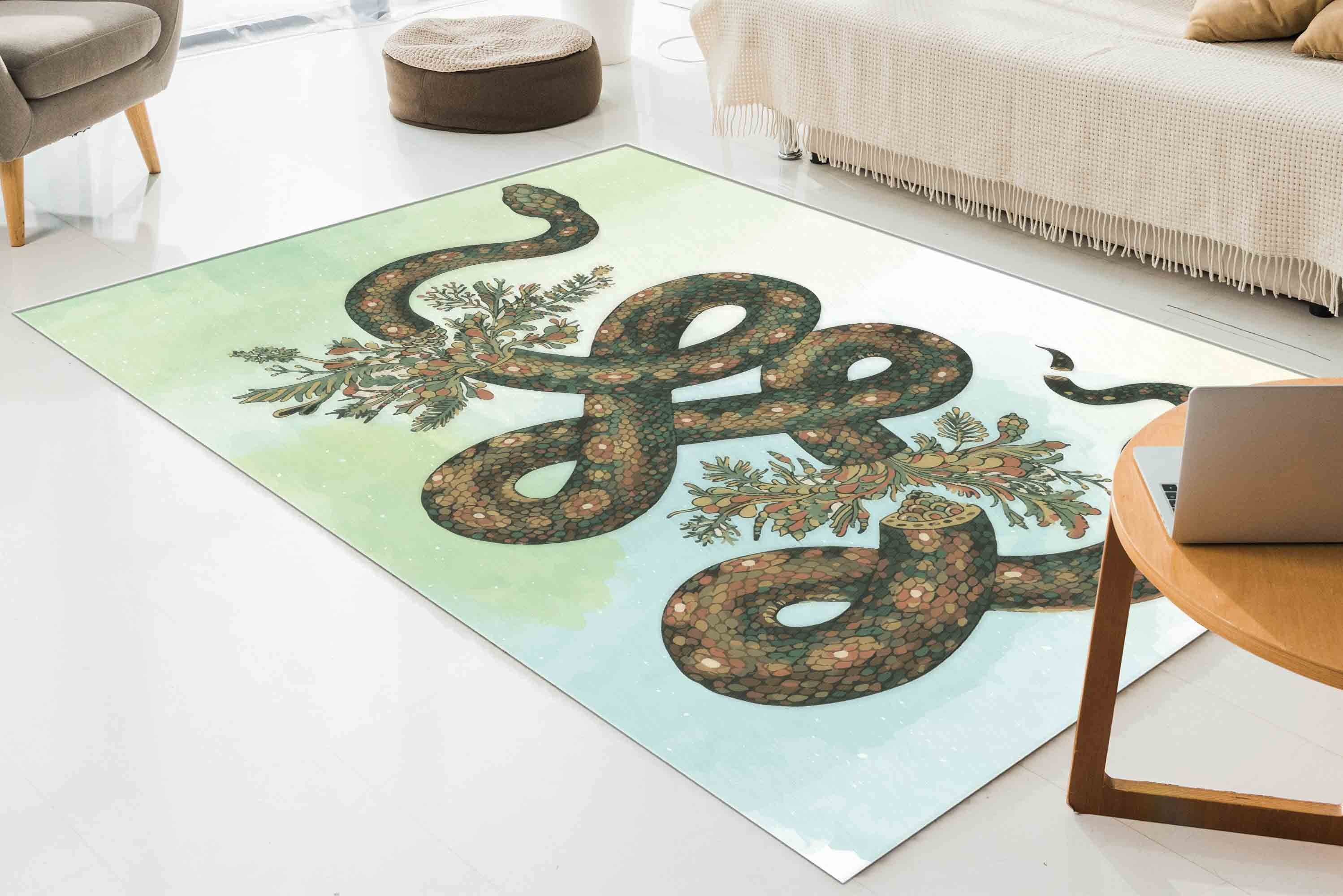 Animal Rug, Snake Rug, Floral Snake Illustration Rugs, Non-Slip Carpet ...