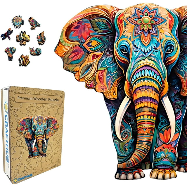 CRAFTHUB Animal Shaped Wooden Puzzles for Adults – A3 Vivid Elephant ...