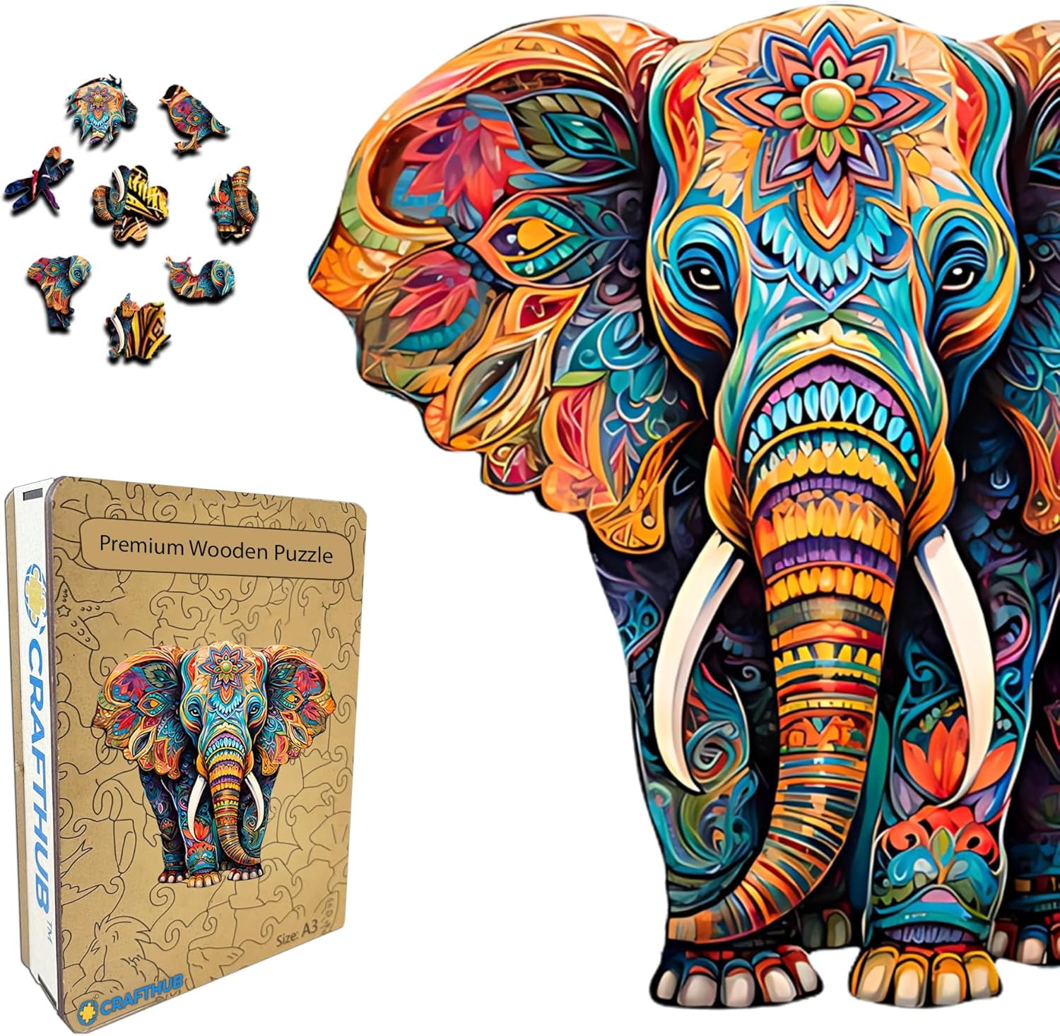 CRAFTHUB Animal Shaped Wooden Puzzles for Adults – A3 Vivid Elephant ...
