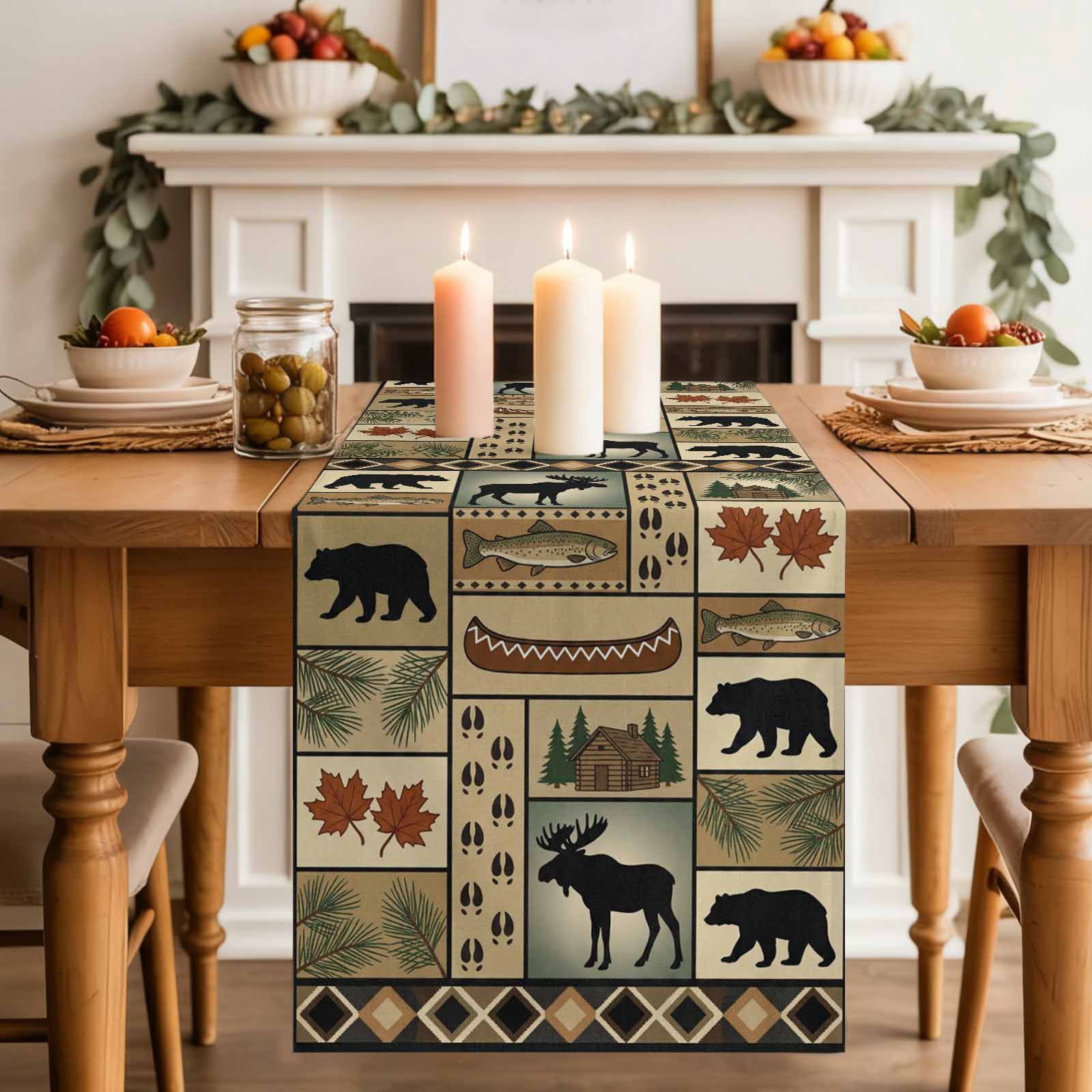 Animal Silhouette Patchwork Table Runner, Country Forest Farmhouse Bear ...