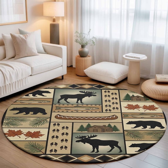 Animal Silhouette Patchwork Washable Round Area Rug 6 ft, Country ...