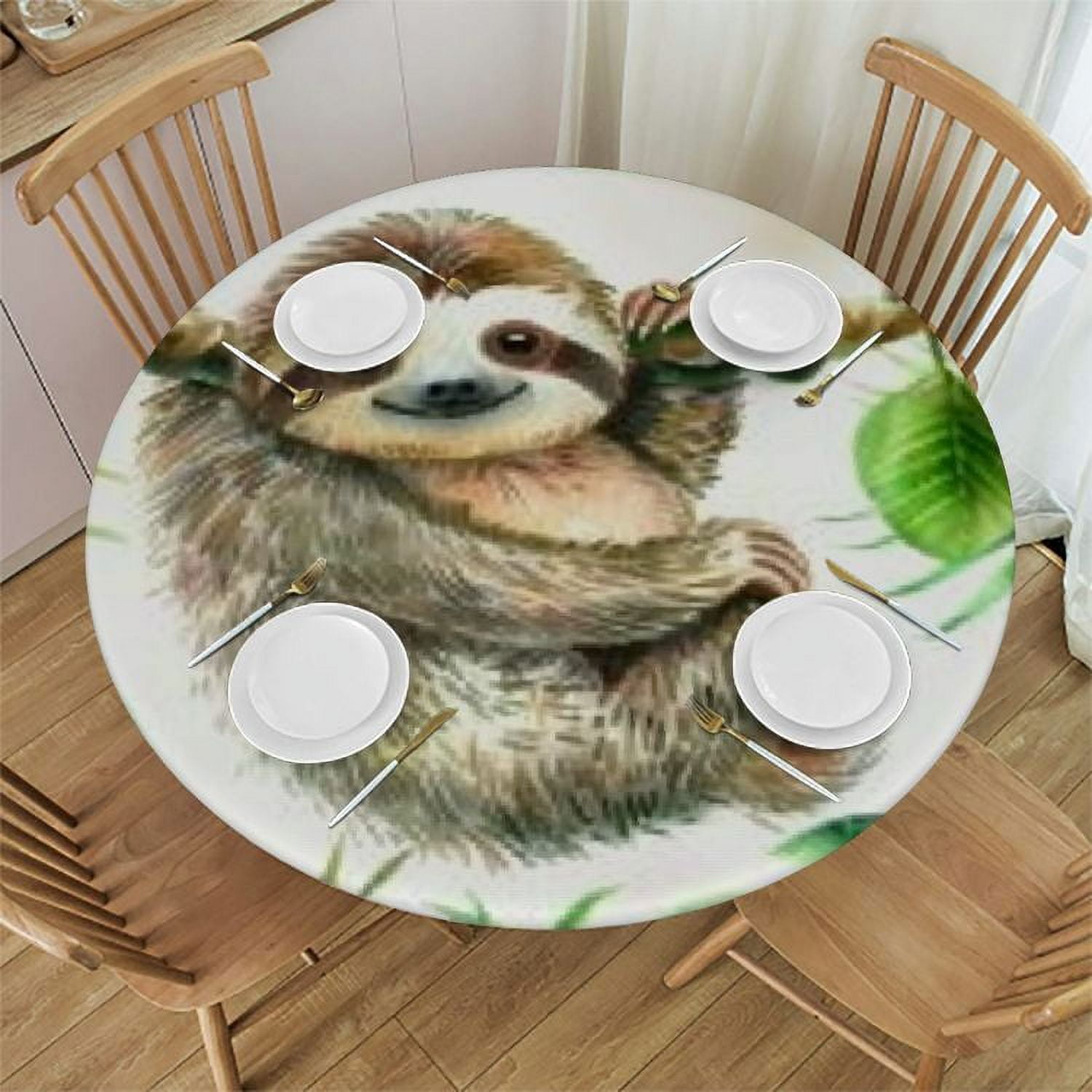 Animal Sloth Coconut Leaves Round Tablecloth Waterproof Spill-Proof ...