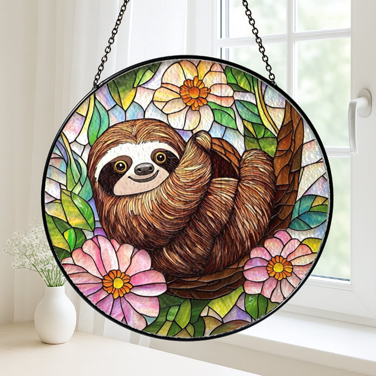 Animal Sloth Floral Stained Glass Style Window Hanging, Decorative ...