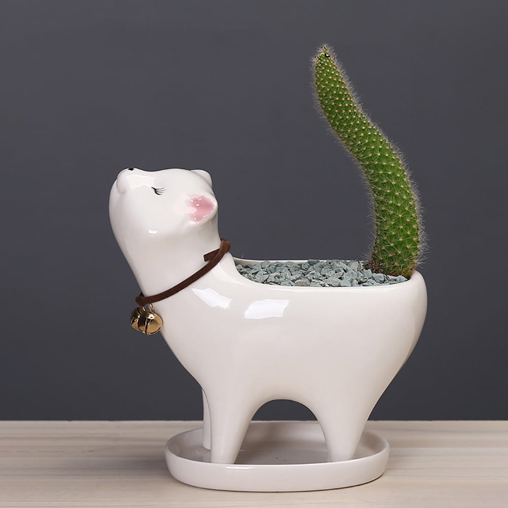 Animal Succulent Planter with Drainage Hole, DIY Ceramic Cat Pots Cute ...