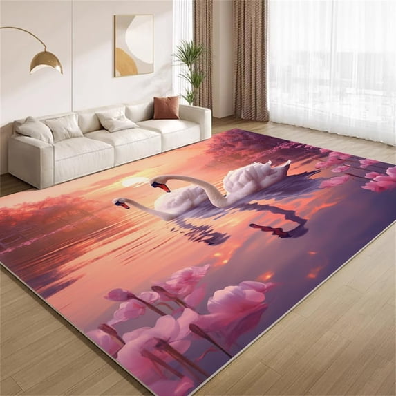 Animal Swan Floral Area Rugs, Nature Bird Carpet, Washable Non Slip Low ...
