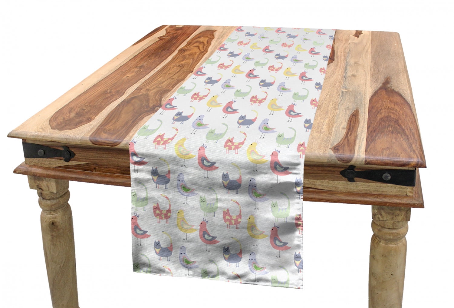 Animal Table Runner, Cartoon Style Print of Pastel Toned Cats Birds ...