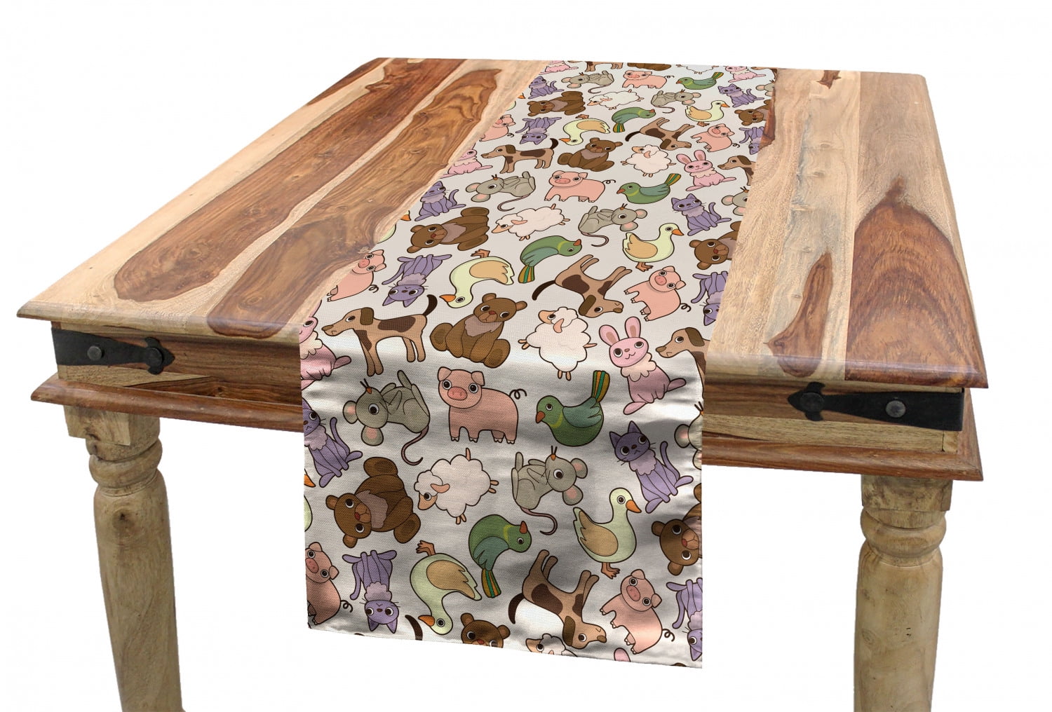 Animal Table Runner, Children Cartoon Drawing Style Animals Pigeons ...