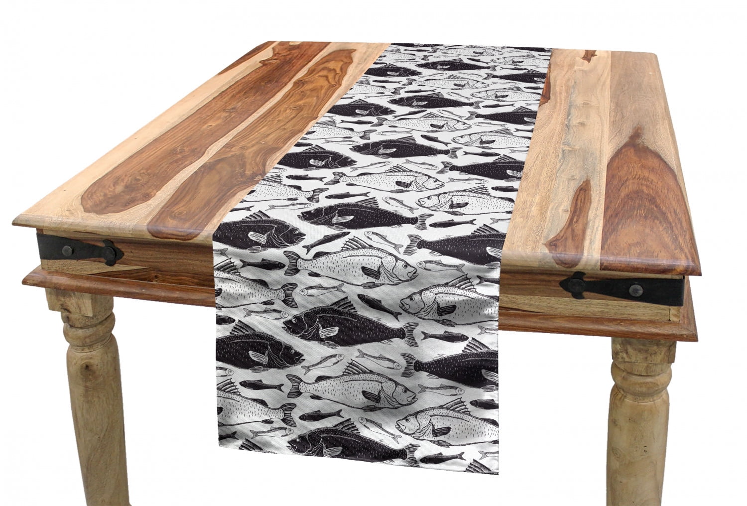 Animal Table Runner, Digital Dotted Fish Retro Fauna Aquatic Wild ...