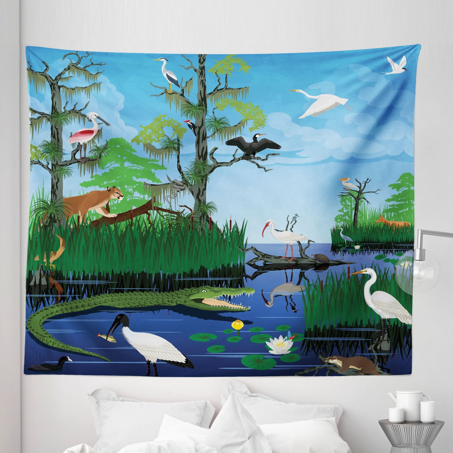 Animal Tapestry, Digital Cartoon Print of Wild Fauna Around River ...