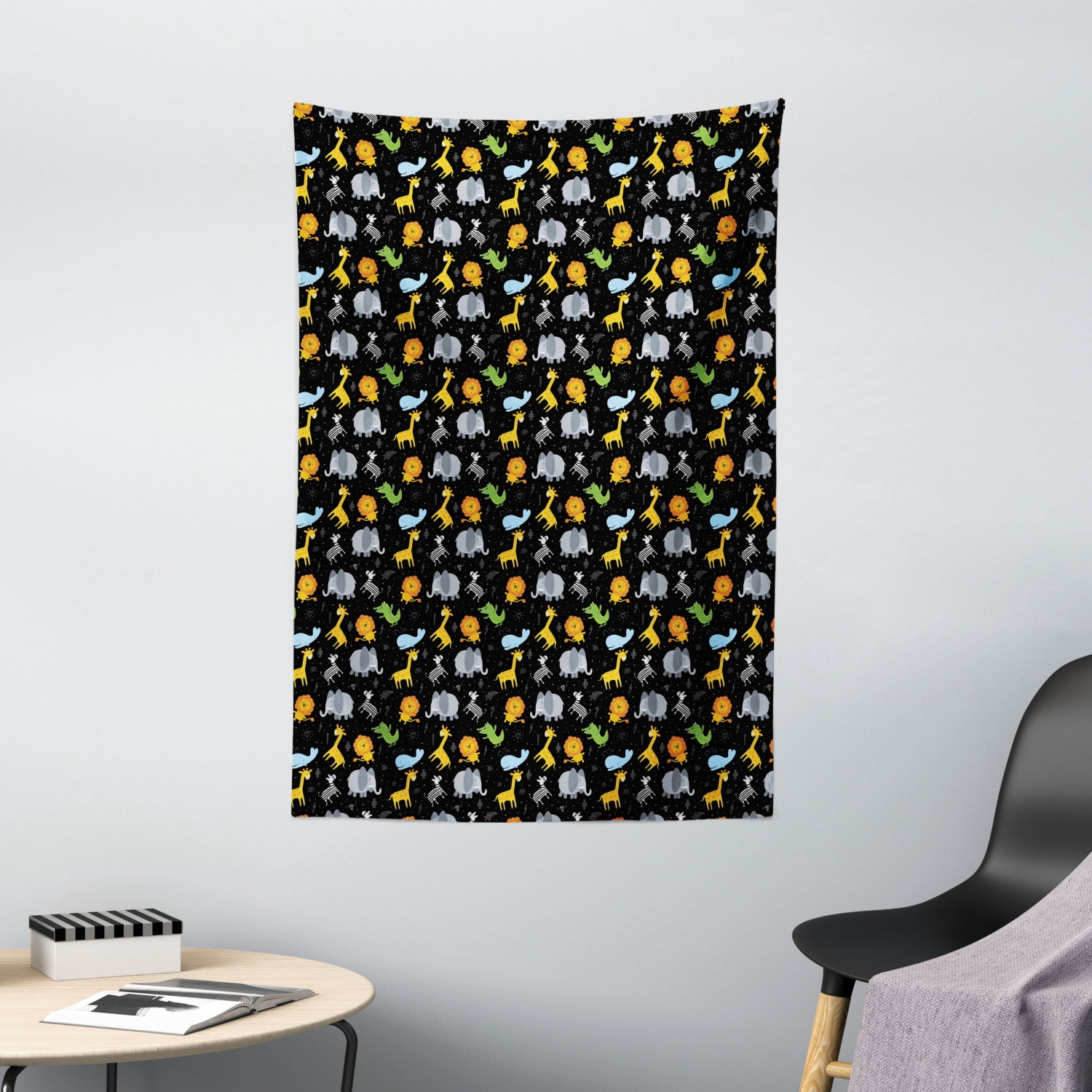 Animal Tapestry, Nursery Themed Cartoon of Elephant Lion Giraffe Whale ...