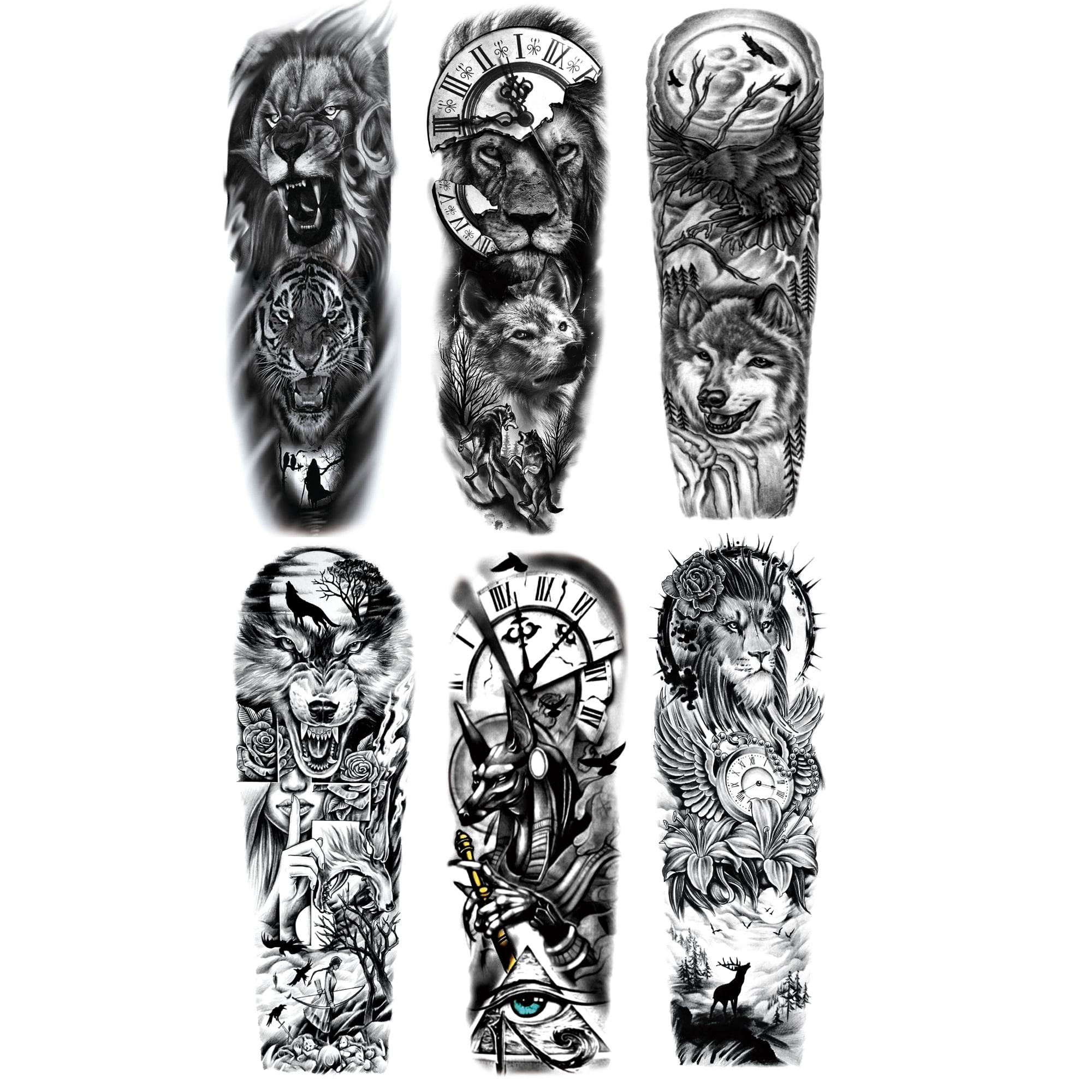Animal Tattoos Sleeve, 6-Sheet Fake Lion Wolf Temorary Tatto Stickers ...