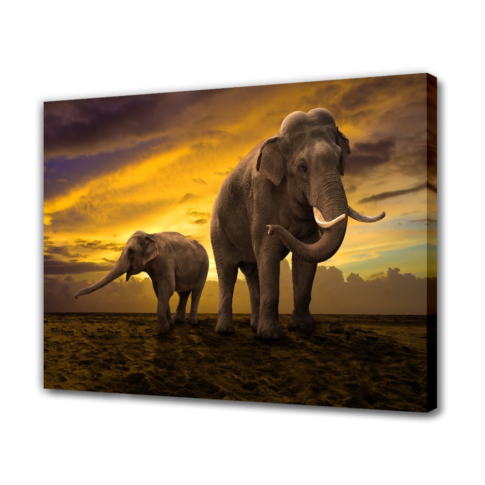 Animal Theme Africa Elephant and Baby Playing at Sunrise Canvas Poster ...