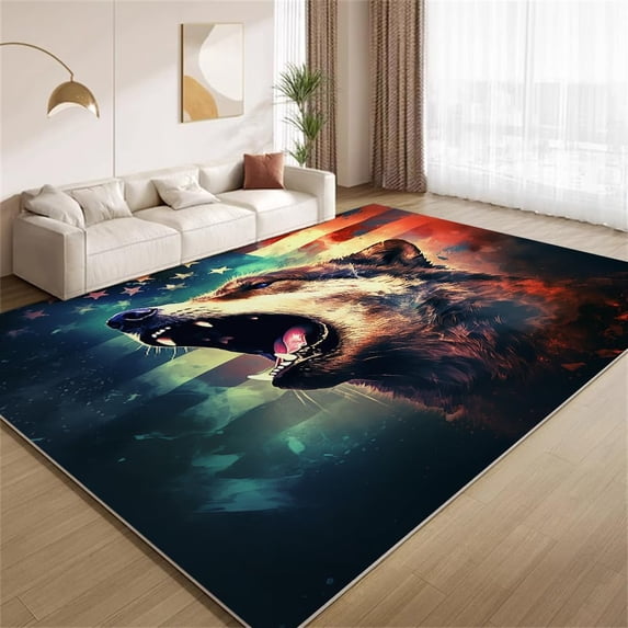 Animal Theme Area Rugs, American Flag Wolf Pattern Carpet, Washable Non ...