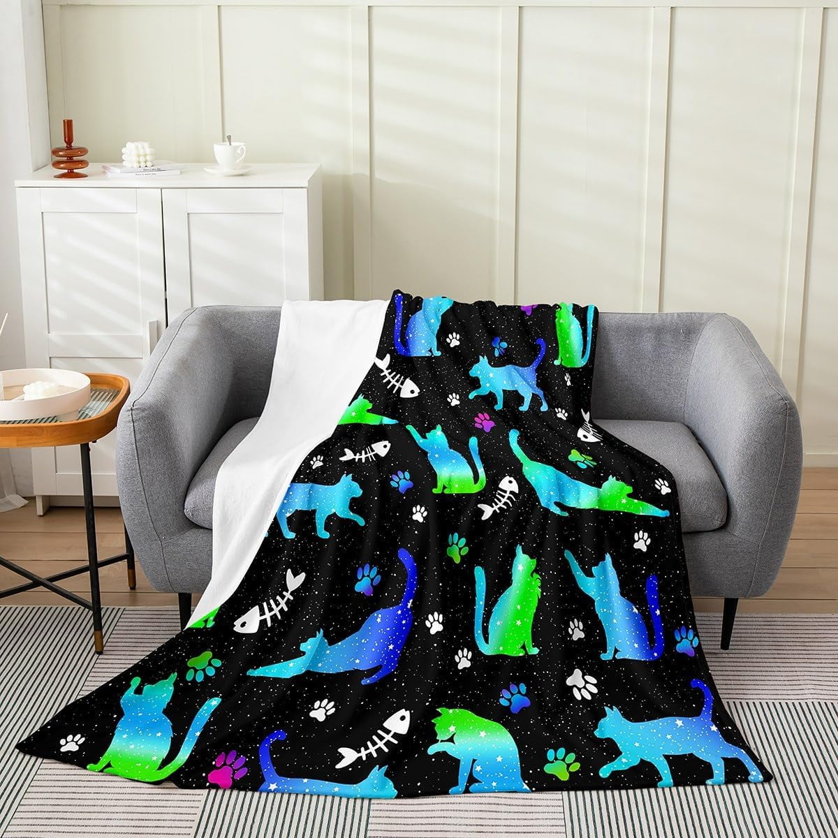 Animal Theme Blue Green Throw Blanket,Fishbone And Cat Paw Print Fleece ...