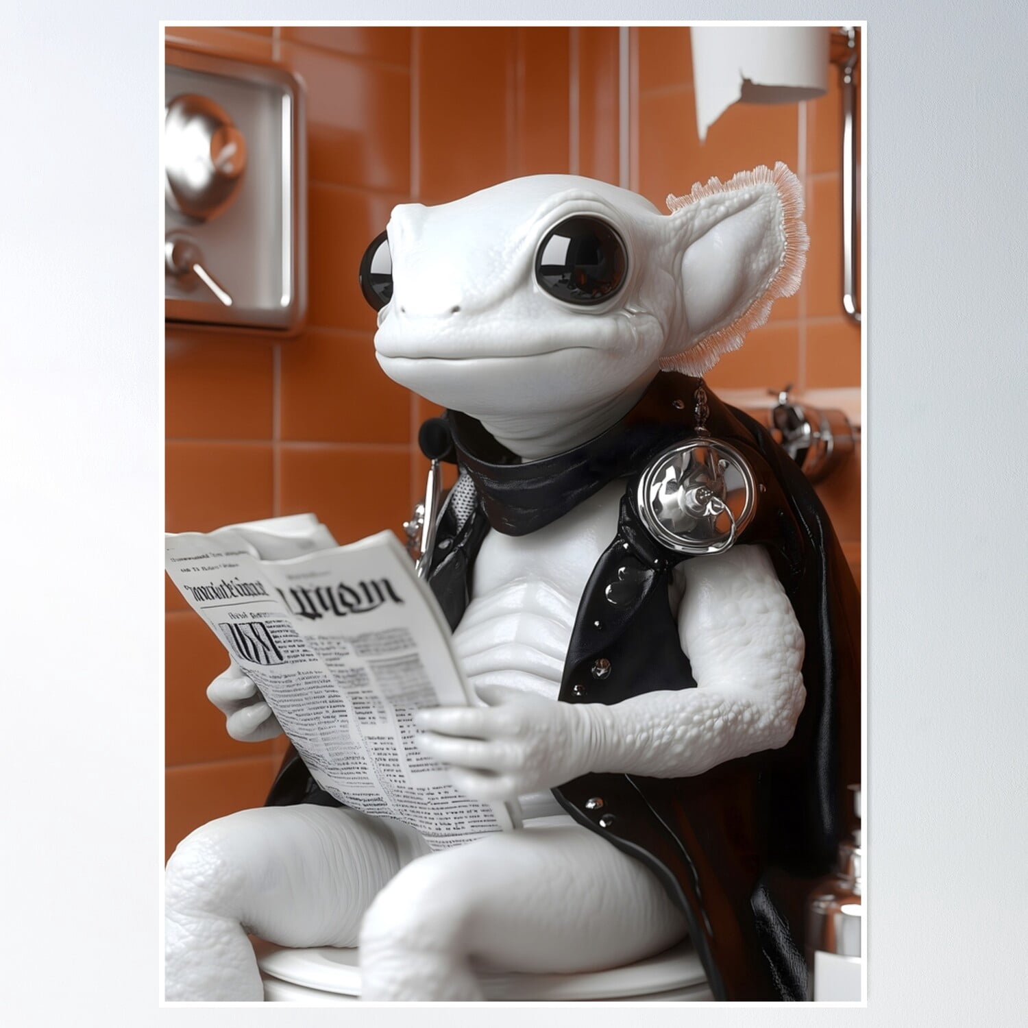 Animal Toilet White Axolotl Creature Reading News Retro Orange Bathroom ...