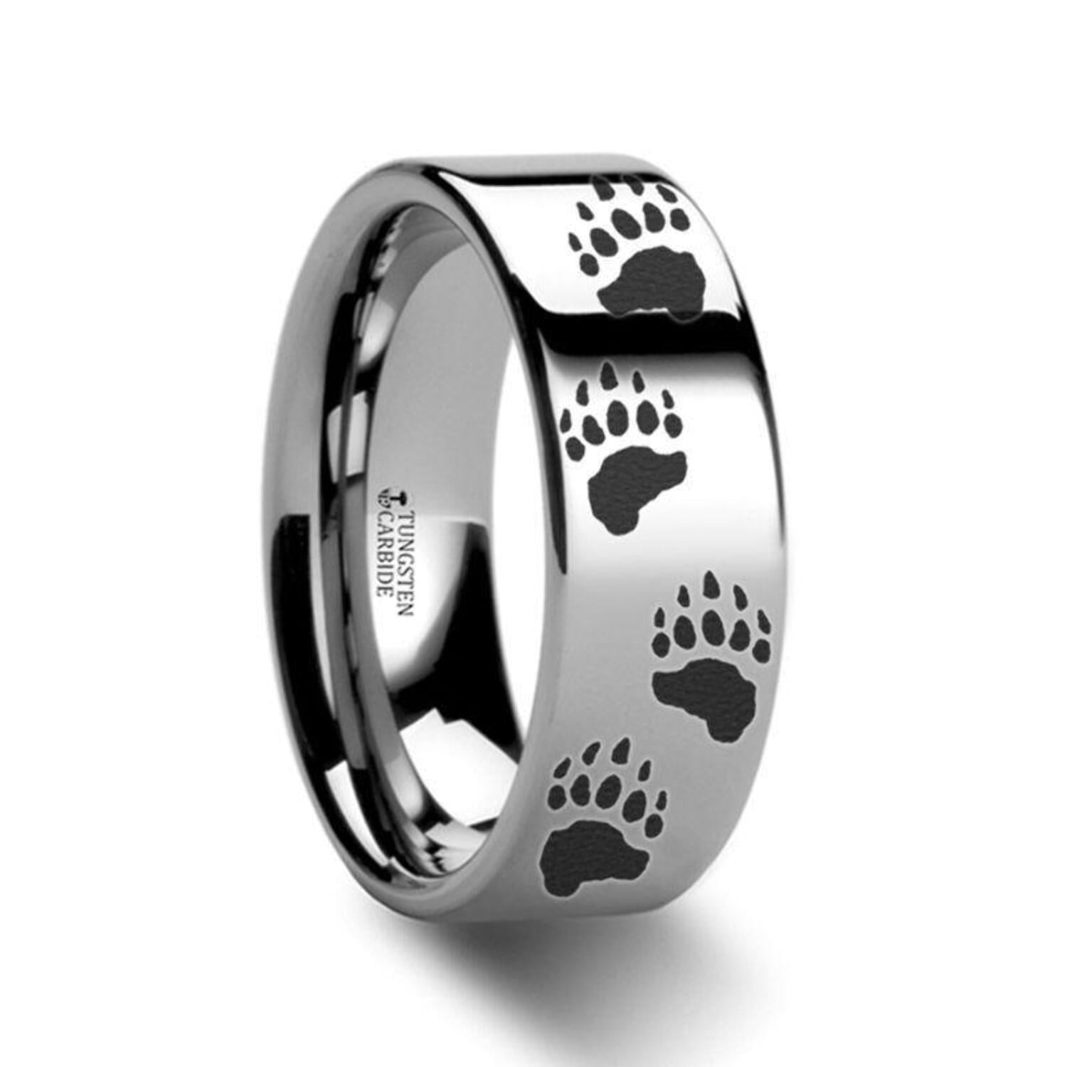 Animal Track Bear Paw Print Ring Engraved Flat Tungsten - 6mm - Size 9 ...