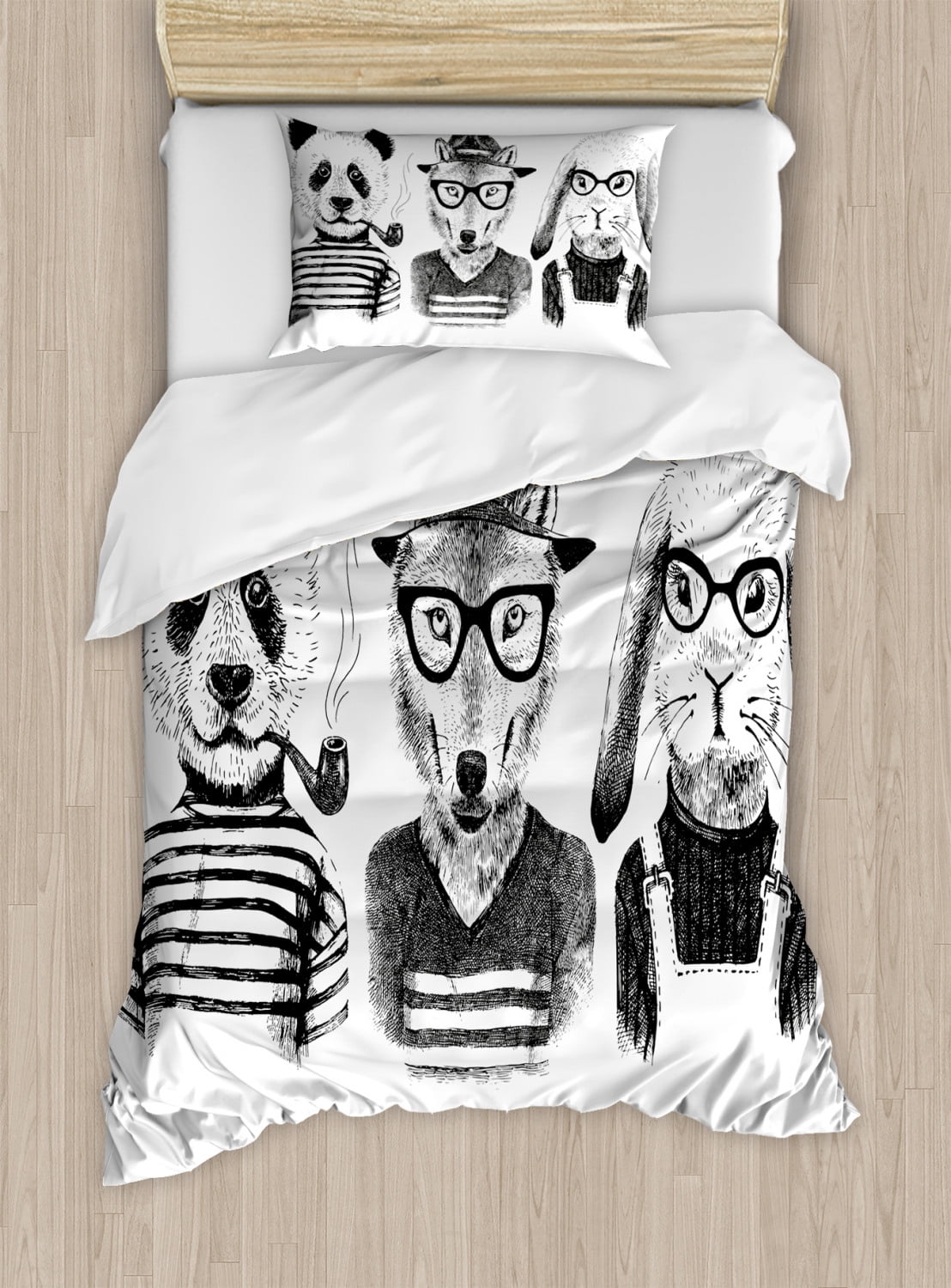 Animal Twin Size Duvet Cover Set, Hipster Panda Bear Cigar Fox and ...