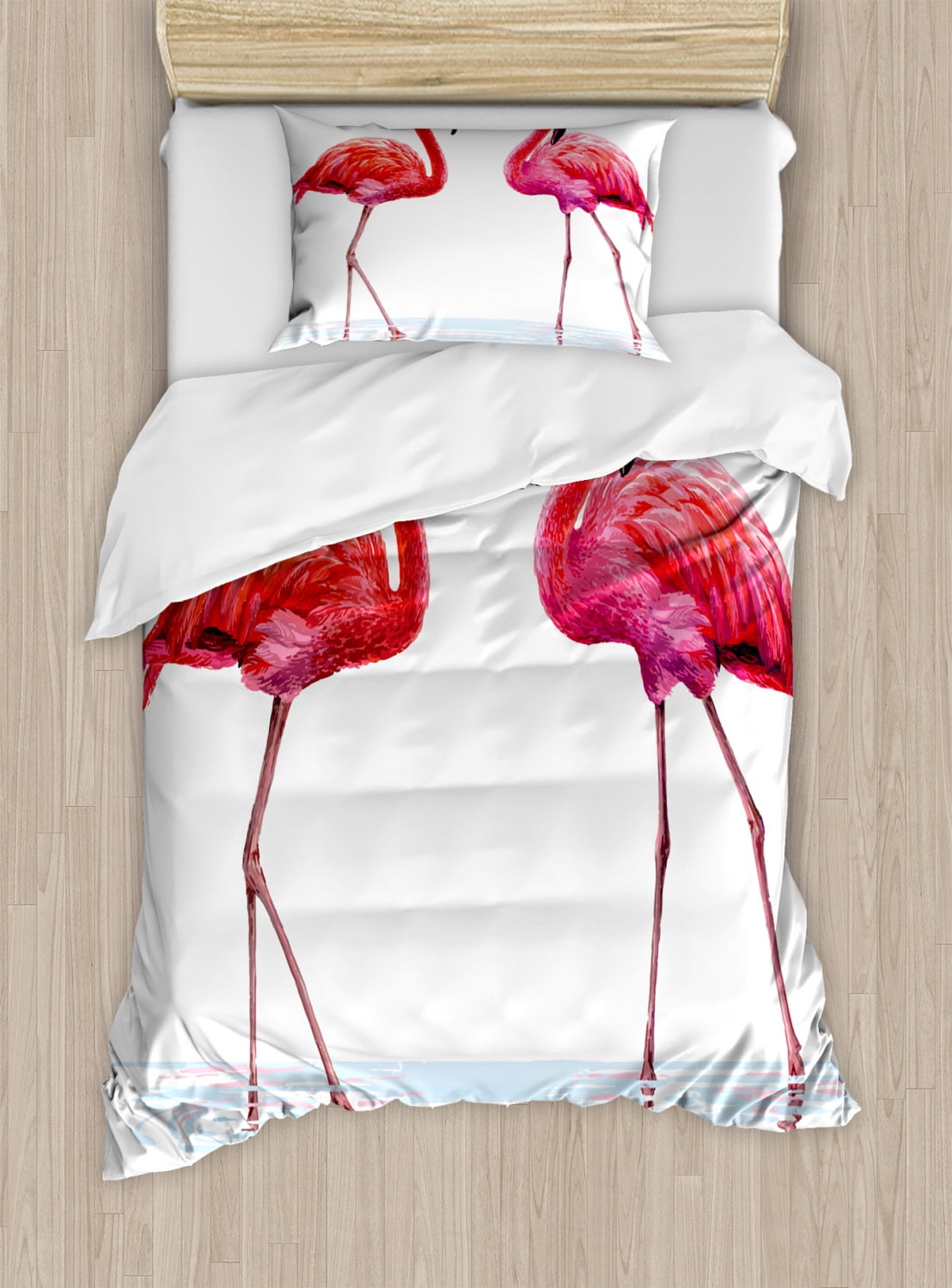 Animal Twin Size Duvet Cover Set, Two Hand Drawn Flamingos in Pink ...