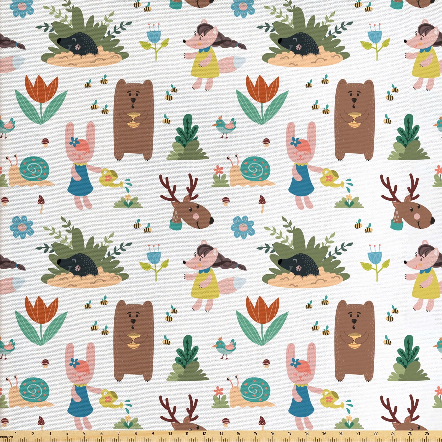 Animal Upholstery Fabric by the Yard, Cartoon Style Cheerful Woodland ...