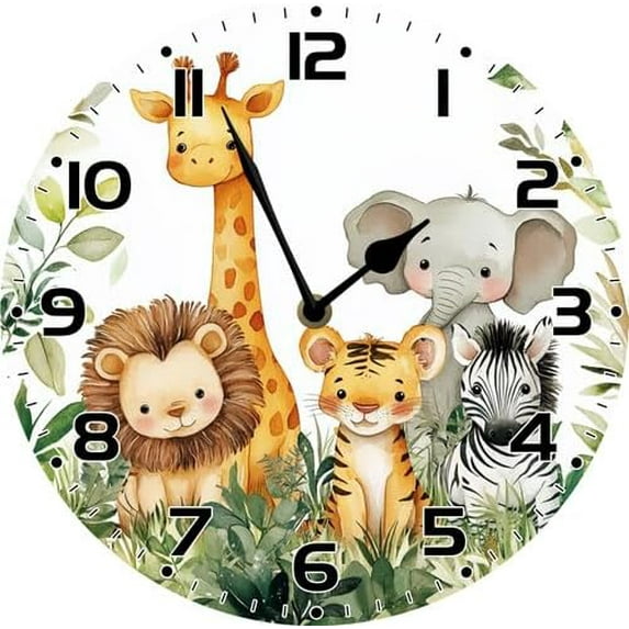 Animal Wall Clock Round Wooden Non-Ticking Battery Operated 10-Inch for ...