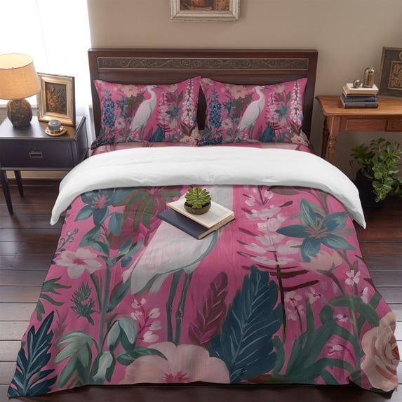 Animal White Egret Queen Size Bed Set,Tropical Flowers on Pink Bedding ...