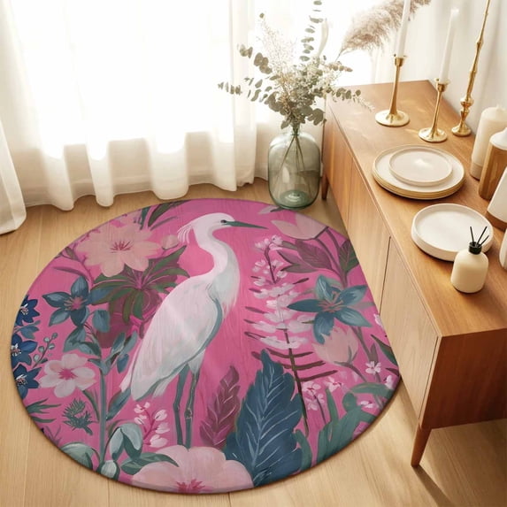 Animal White Egret Round Area Rug 3ft,Living Room Rug Non-Slip Washable ...