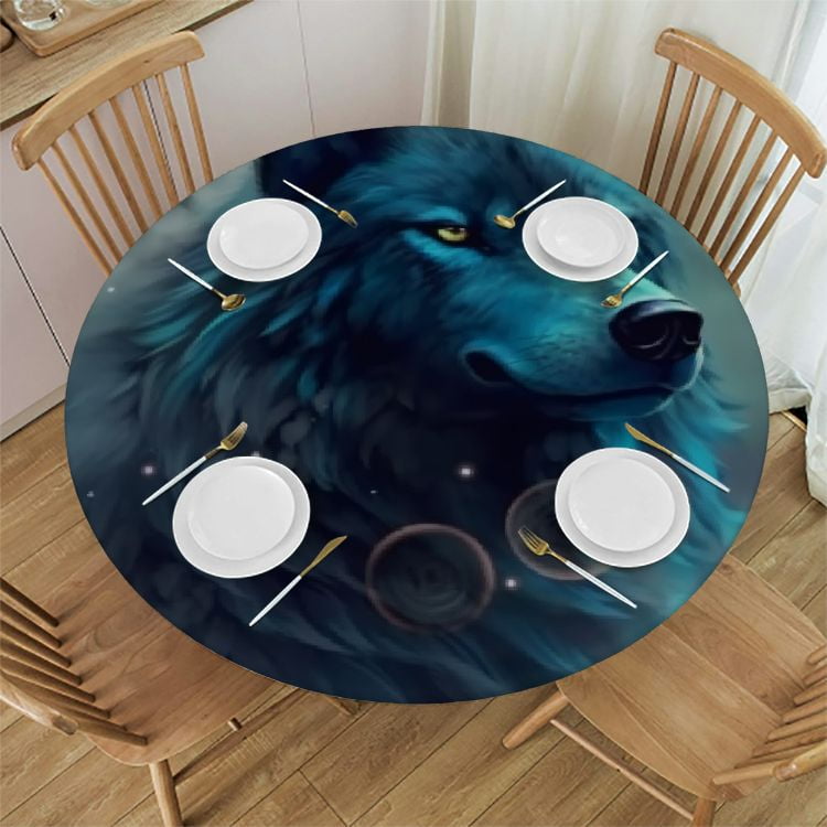 Animal Wolf Round Fitted Tablecloth with Elastic Edge Waterproof ...