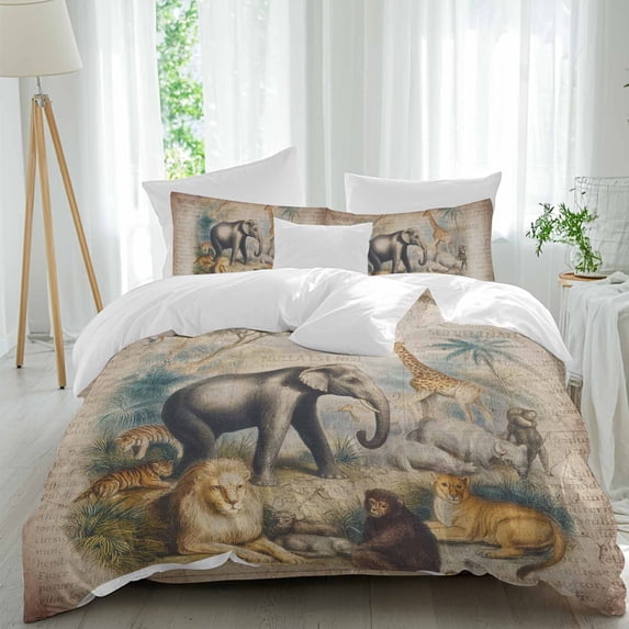 Animal World California King Duvet Cover Set, Elephant Tiger Giraffe ...