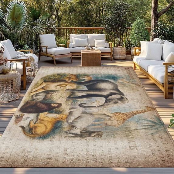 Animal World Indoor Outdoor Rugs 6x9 Ft, Elephant Tiger Giraffe Vintage ...