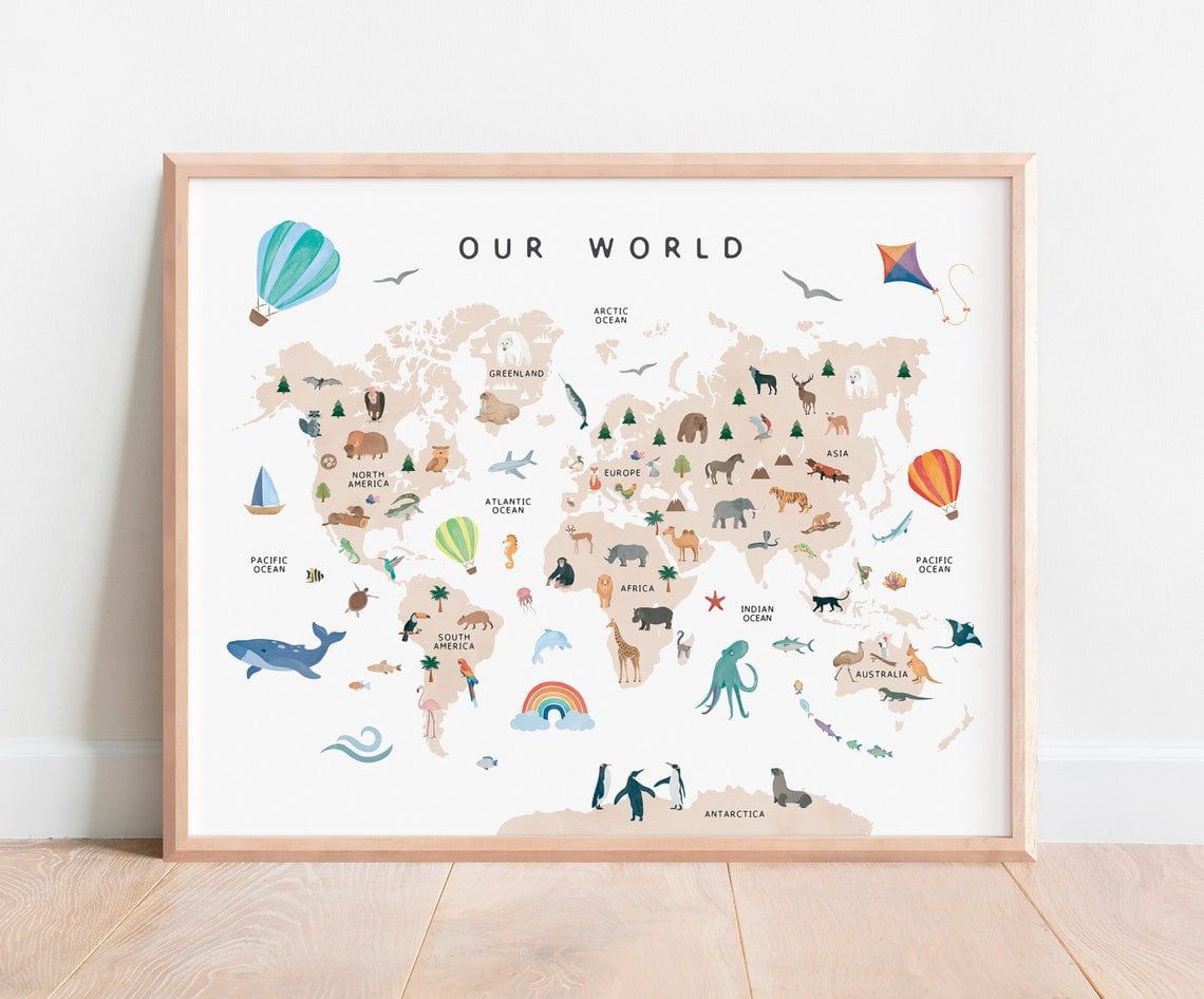 Animal World Map, Nursery Map, Safari Animals, Educational Poster ...