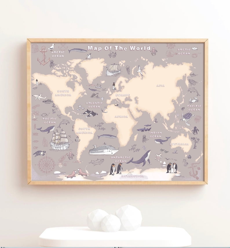 Animal World Map Playroom Kids World Map Educational Classroom ...
