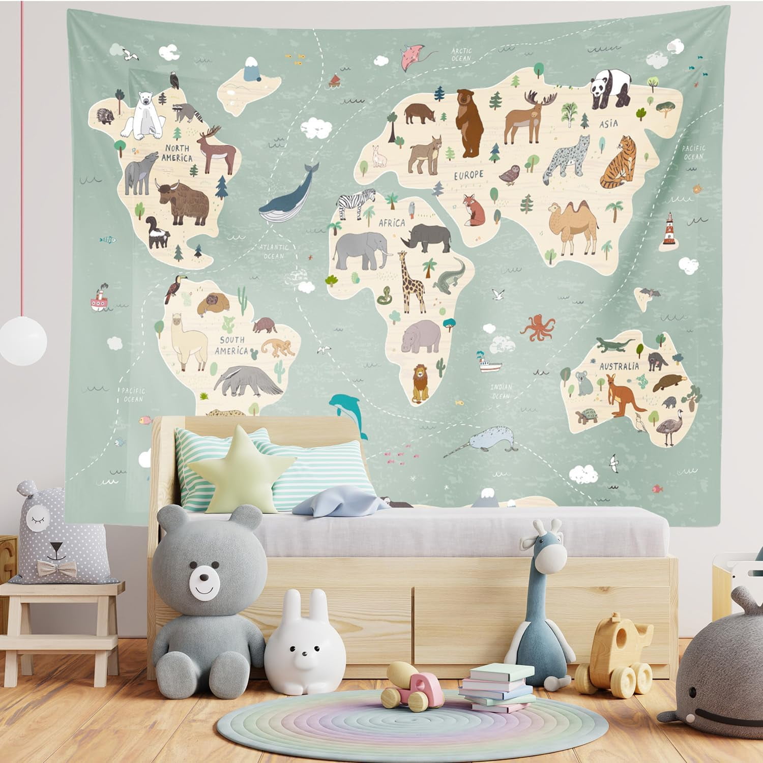 Animal World Map Tapestry Cartoon Educational Wall Hanging for Bedroom ...