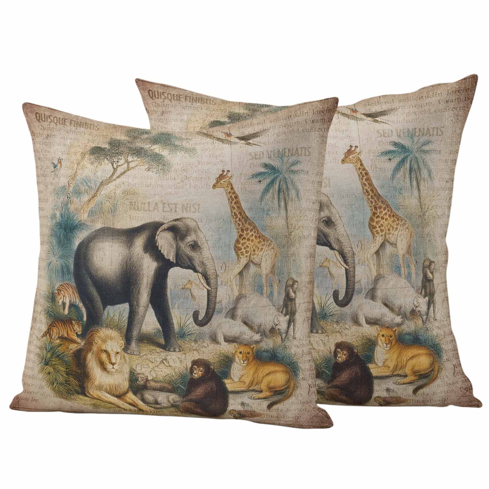 Animal World Outdoor Pillow Covers Set of 2 Elephant Tiger Giraffe ...