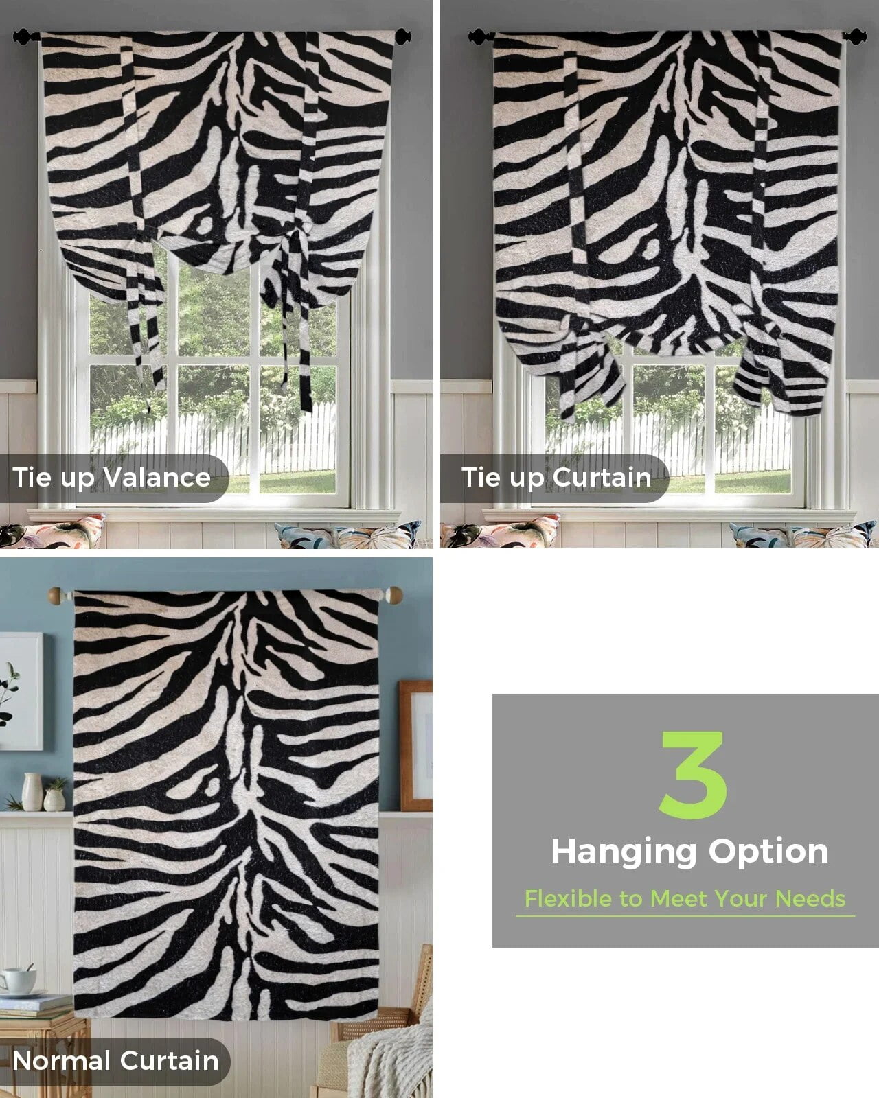 Animal Zebra Fur Texture Pattern Curtain for Living Room Kitchen Tie-up ...