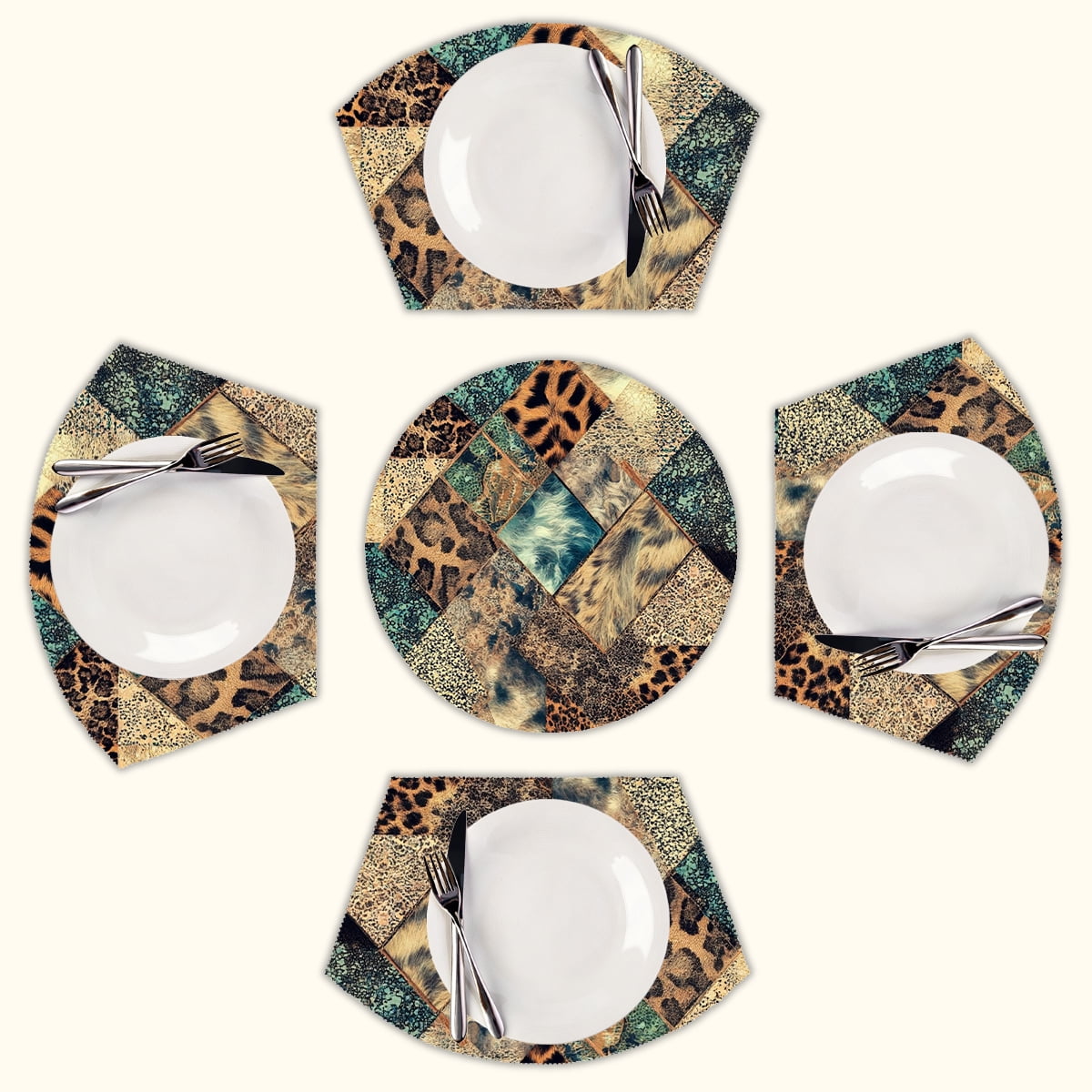 Animal print patchwork art Round Table Placemats Set Of 5 Wedge Table ...