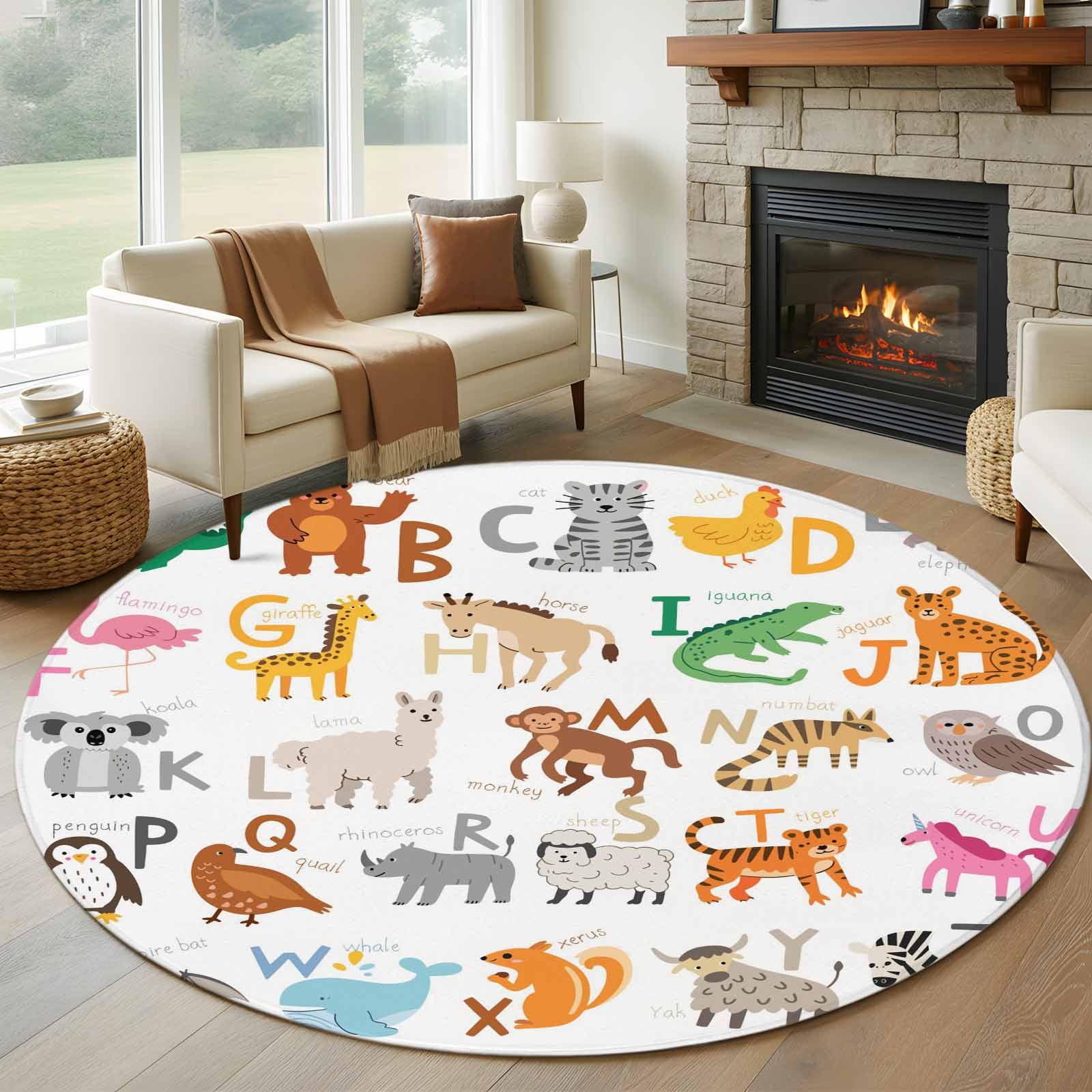 Animals Alphabetes Round Rug 8ft Washable Circle Rugs Non Slip Cartoon ...